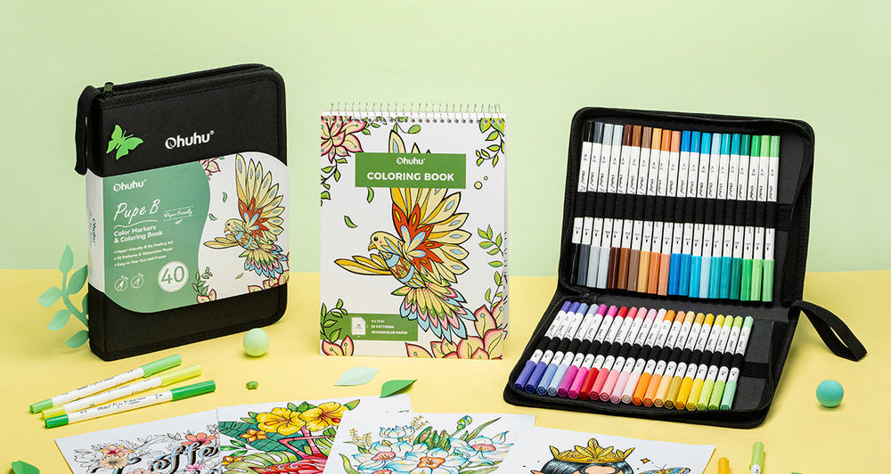 Ohuhu Pupe B 40 Paper-friendly (No Peeling) Markers＆ Coloring Book Set